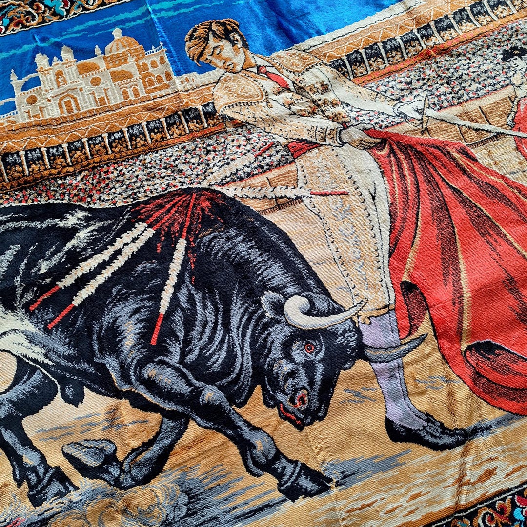Vintage 1970s Velour Matador and Bull Tapestry - Large Decor Rug With ...