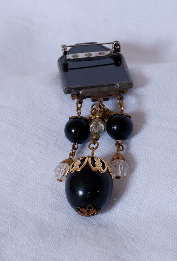 1960's Black Rhinestone Dangle Brooch - Gem