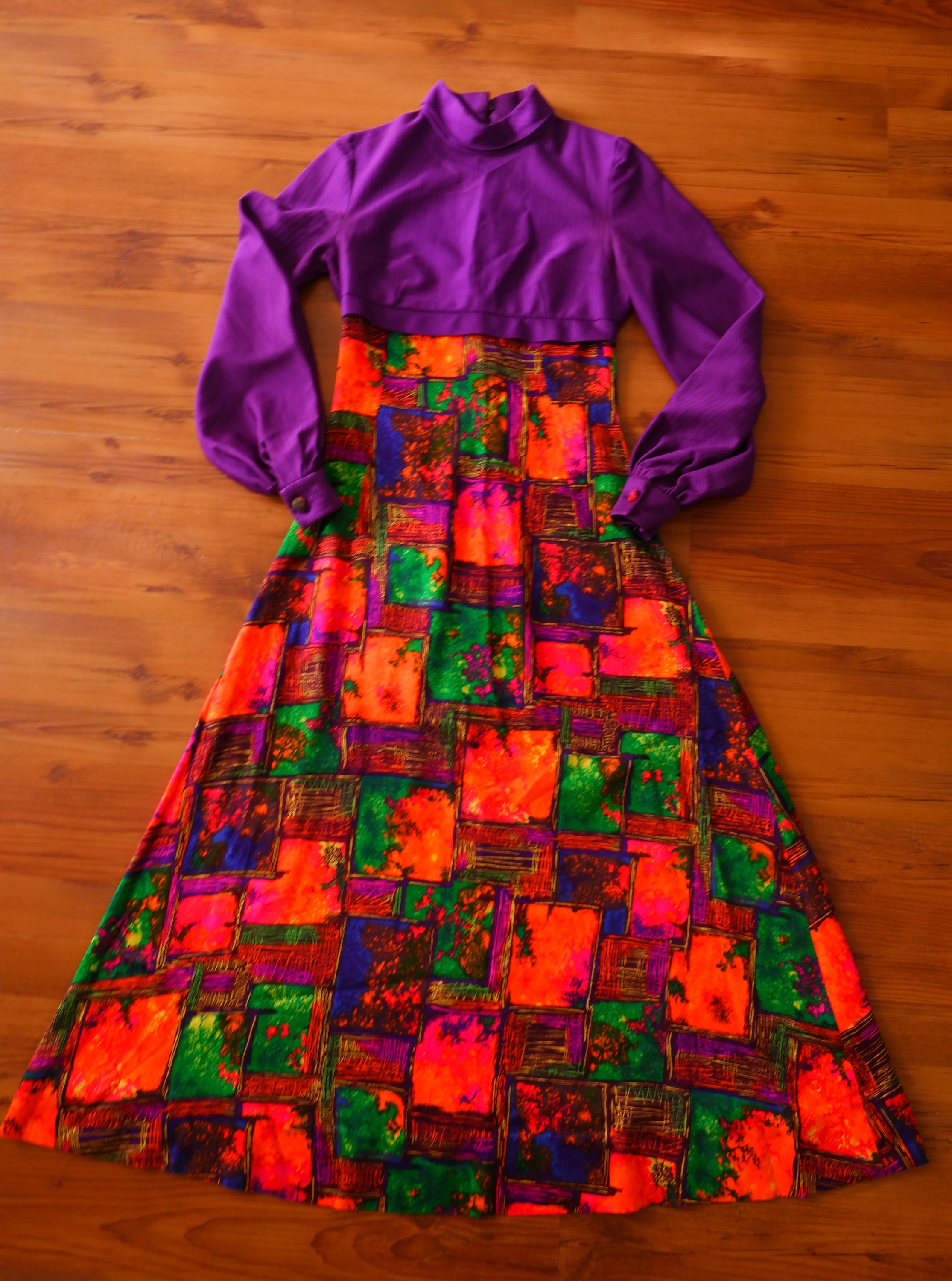 70s Rainbow Dress With Purple Top - Small Vintage Abstract Print Maxi ...