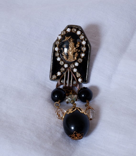 1960's Black Rhinestone Dangle Brooch - Gem