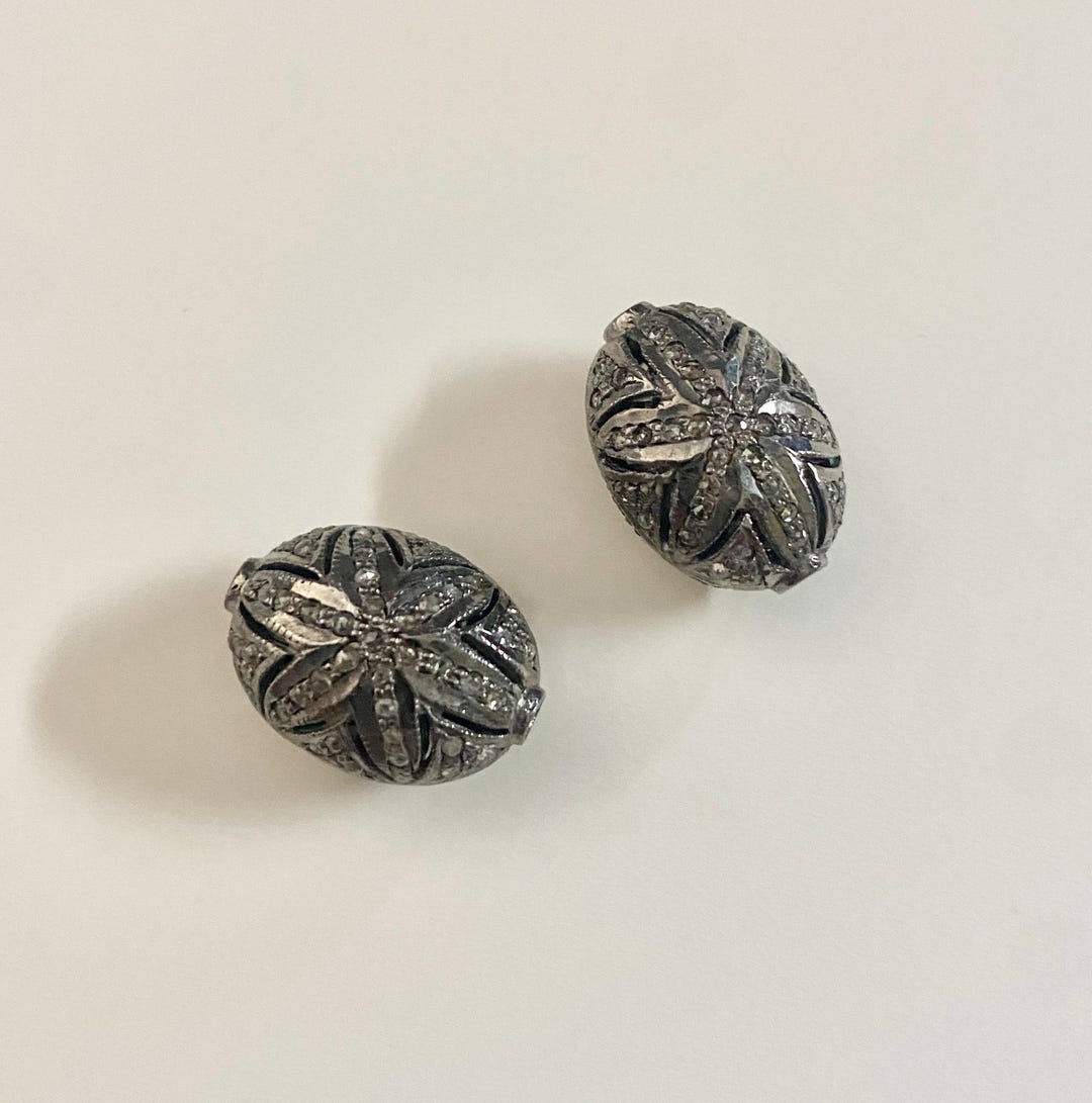 Pair Pave Diamond Bead Sterling Silver Oval Cut Out Bead Jewelry Making ...