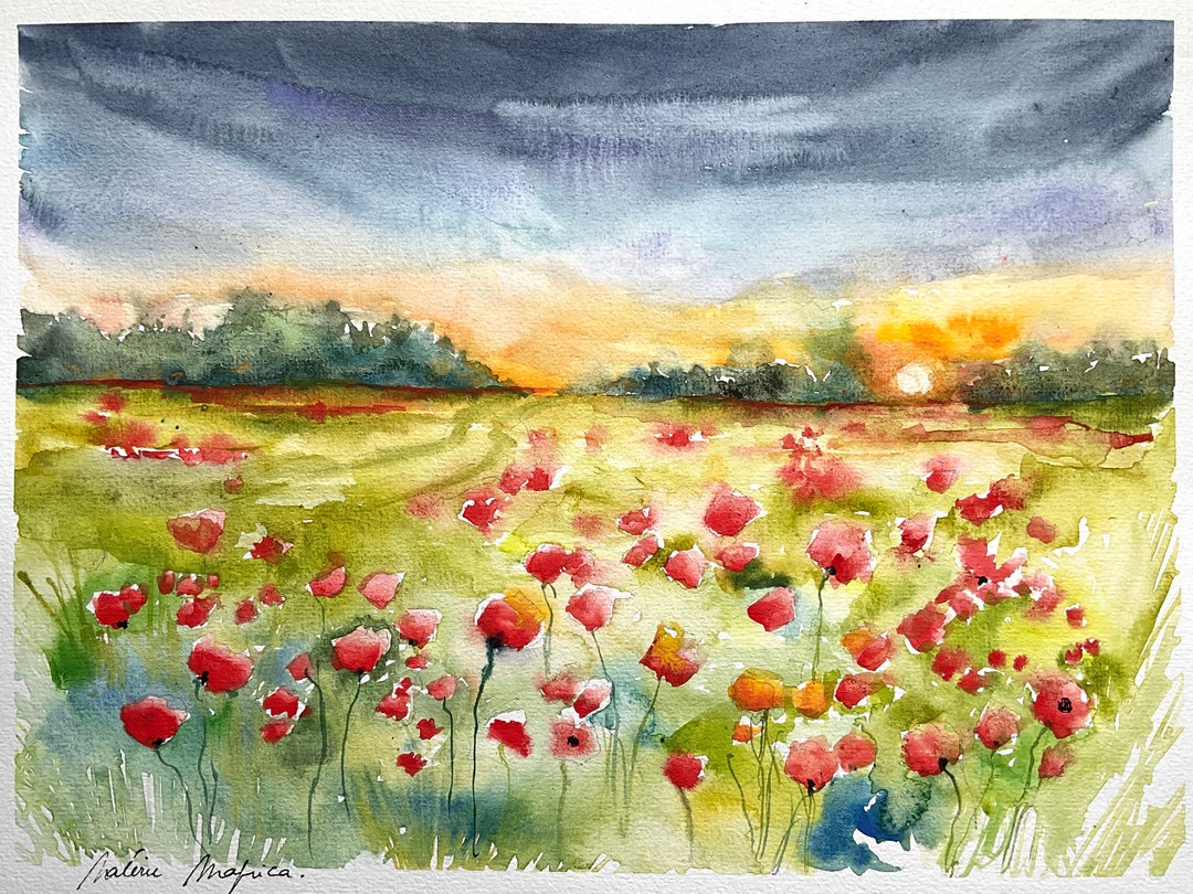 Poppy Meadow Landscape, Watercolor Poppy Fields, Original Red Flowers ...
