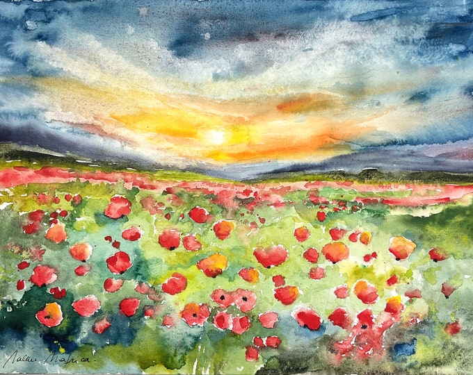 Poppy Meadow Landscape, Watercolor Poppy Fields, Original Red Flowers ...