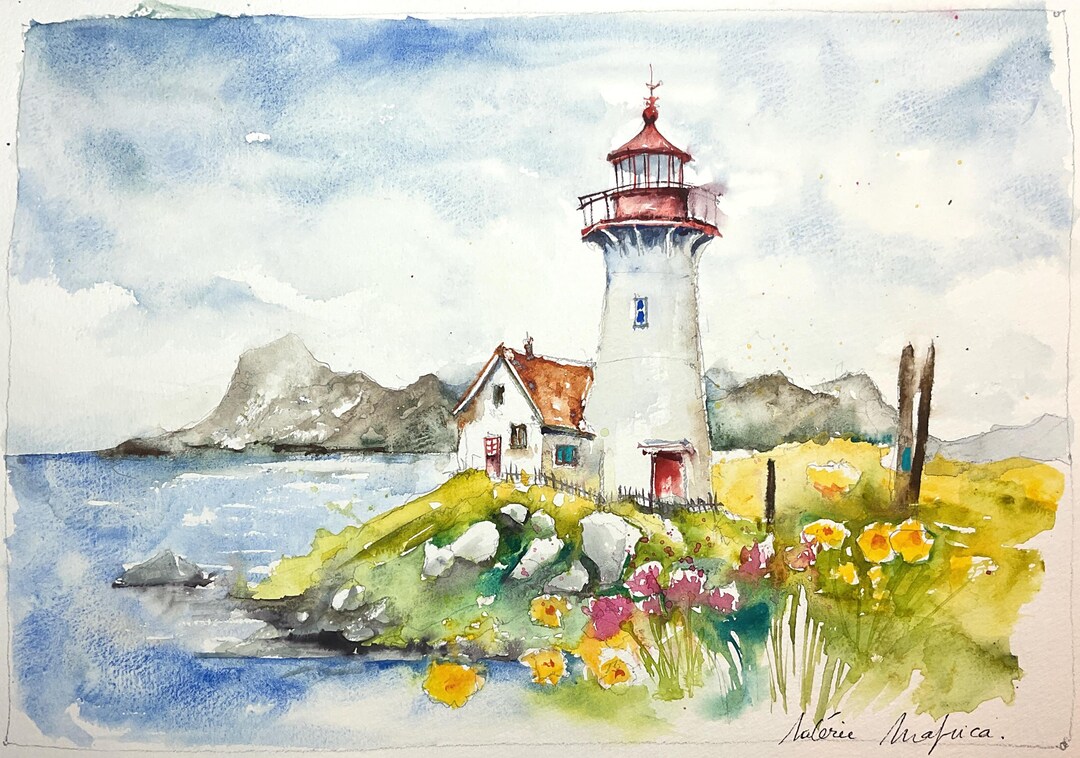 Lighthouse Painting, Lighthouse Watercolor Landscape, Seascape Painting ...