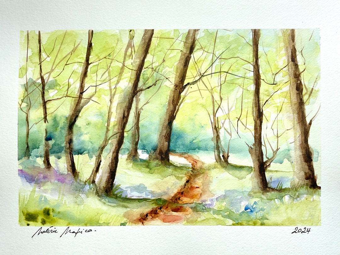Spring Forest Landscape in Watercolor, Original Painting of Bright ...