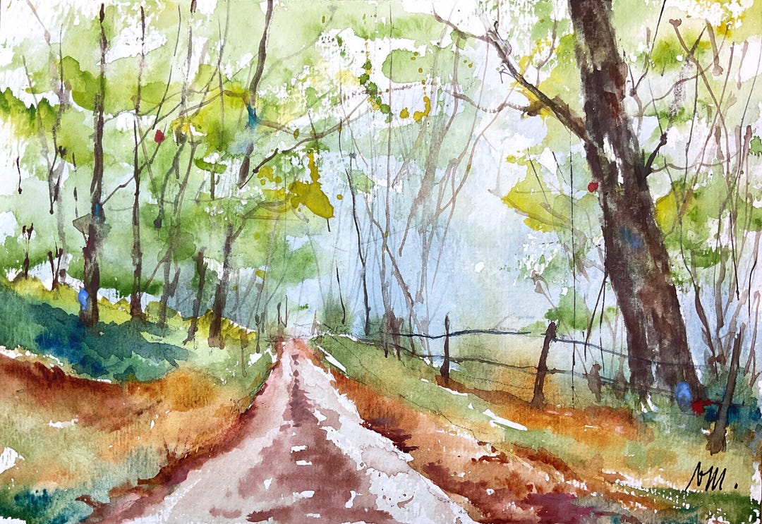 Spring Forest Landscape in Watercolor, Original Painting of Bright ...