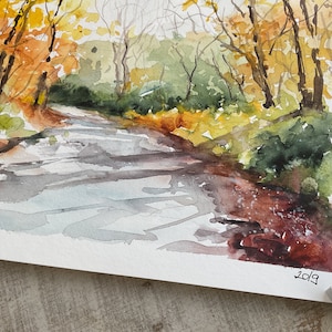 Forêt en automne en peinture aquarelle originale, paysage de forêt, tableau de forêt ...