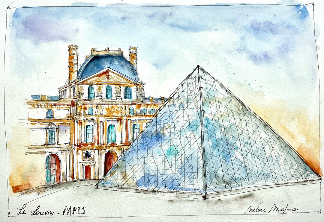 The Louvre Museum of Paris in Watercolor Original Painting - Souvenir ...