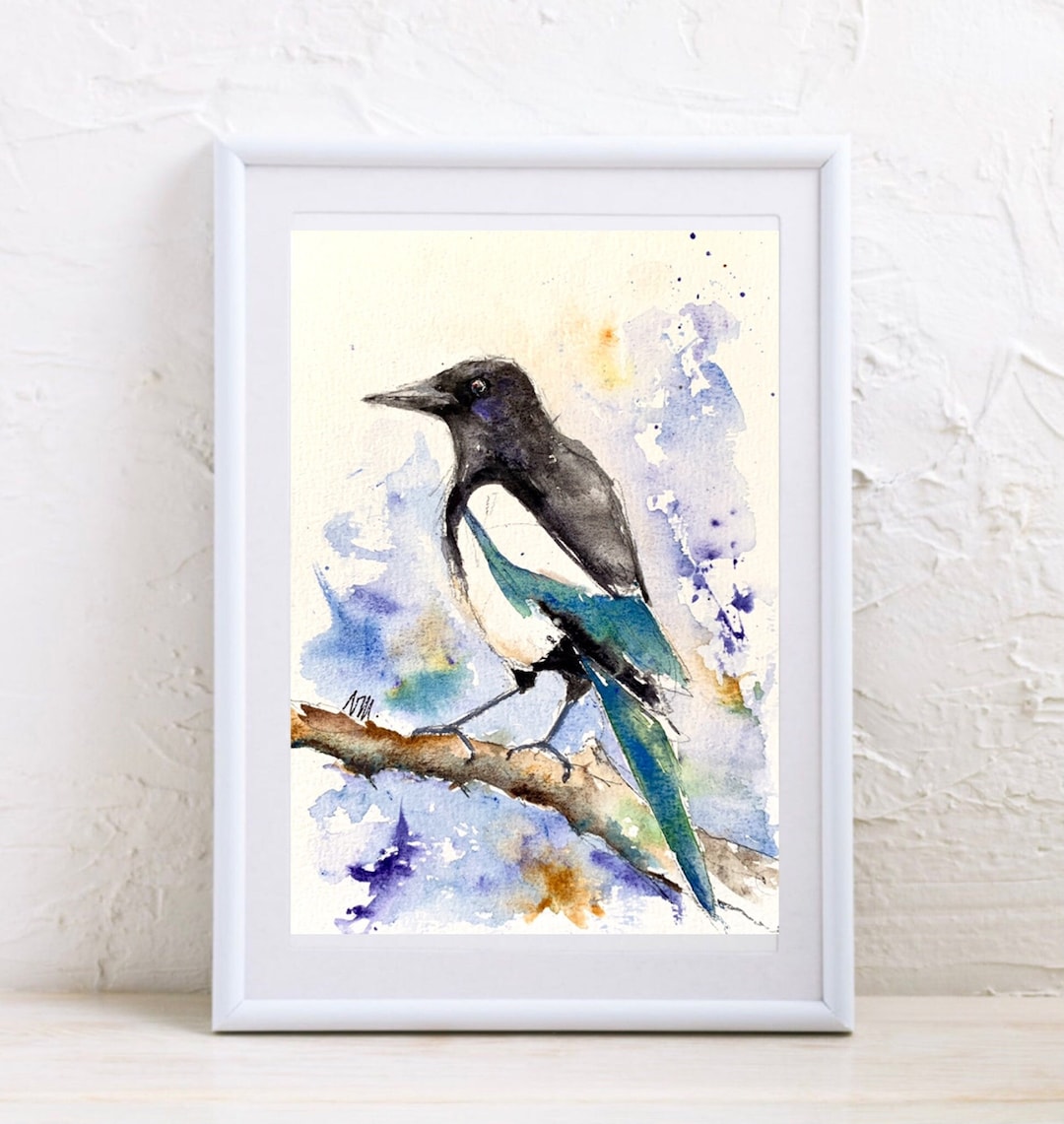 Magpie Watercolor Painting, Original Garden Bird Art, Black and White ...