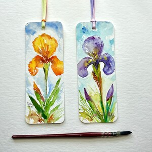 Set of 2 Iris Bookmarks in Original Watercolor Painting, Duo of Floral Bookmarks for Readers ...
