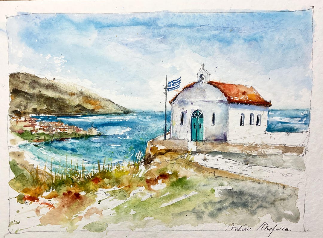 Original Watercolor Painting of Chora Chapel on Andros Island in Greece ...