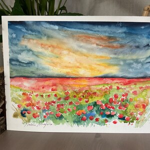 Poppy Meadow Landscape, Watercolor Poppy Fields, Original Red Flowers ...