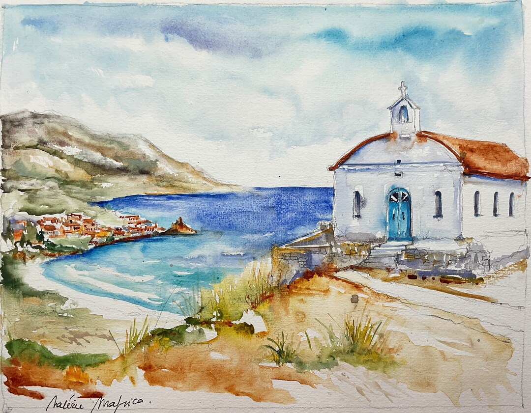 Original Watercolor Painting of Chora Chapel on Andros Island in Greece ...