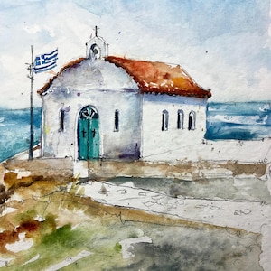 Original Watercolor Painting of Chora Chapel on Andros Island in Greece ...