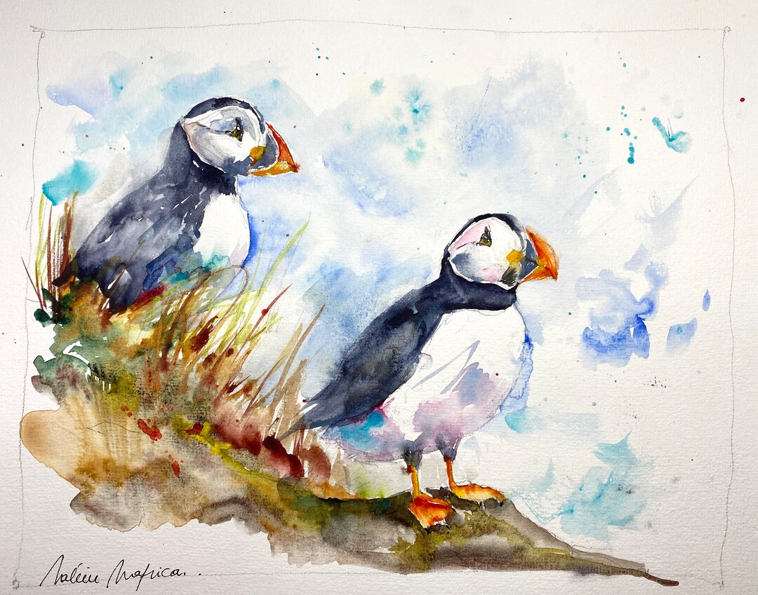 Puffin Painting, Original Watercolor Art of Puffin, Seabird Painting ...