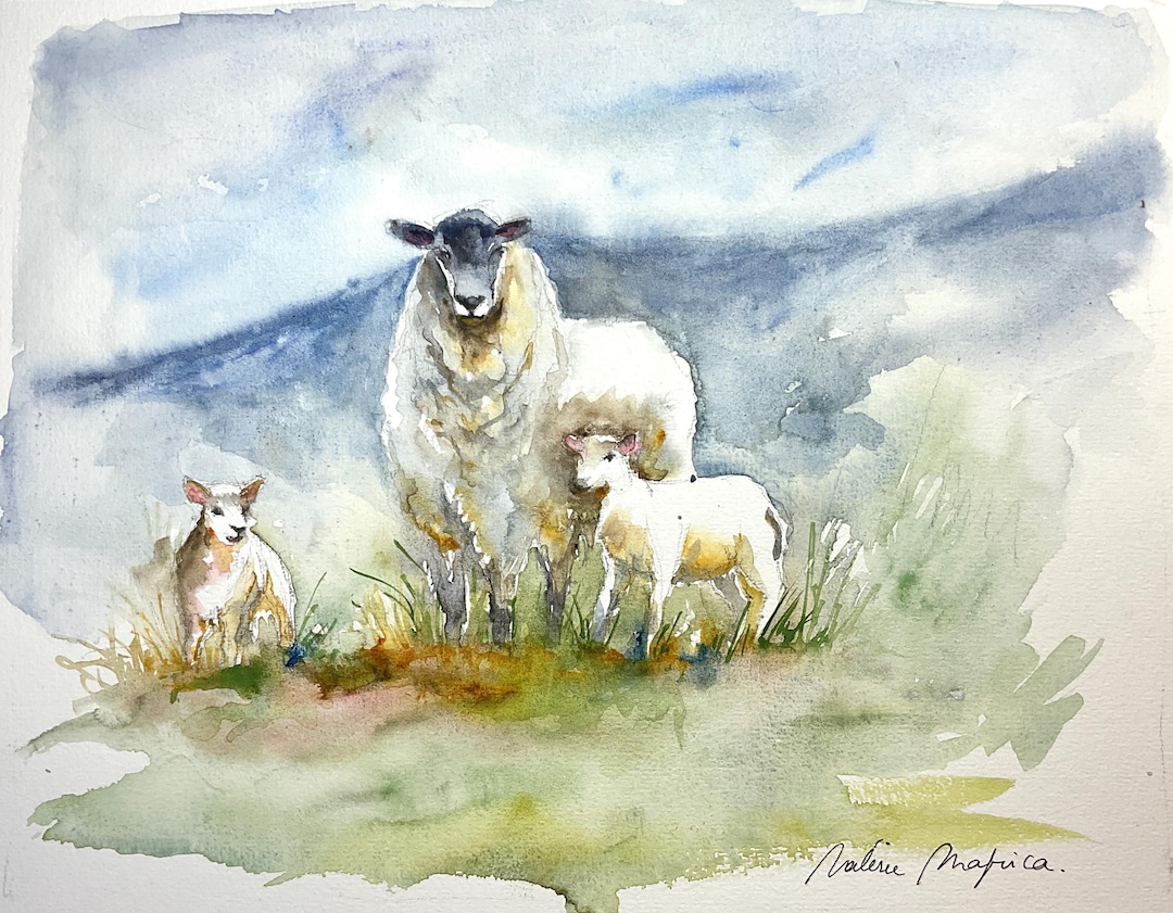 Original Watercolor of Sheep in the Mountains, Colorful Painting of ...
