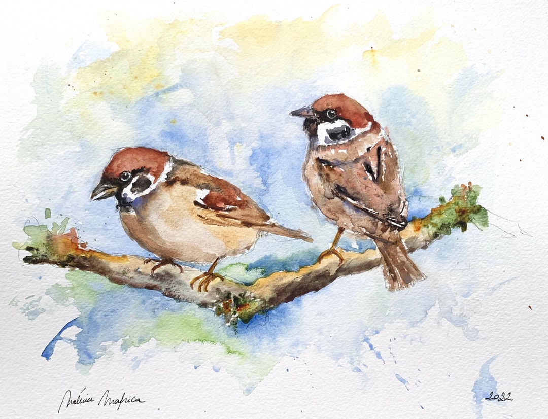Original Watercolor Painting of Sparrows, Wall Art of Birds on a Branch ...