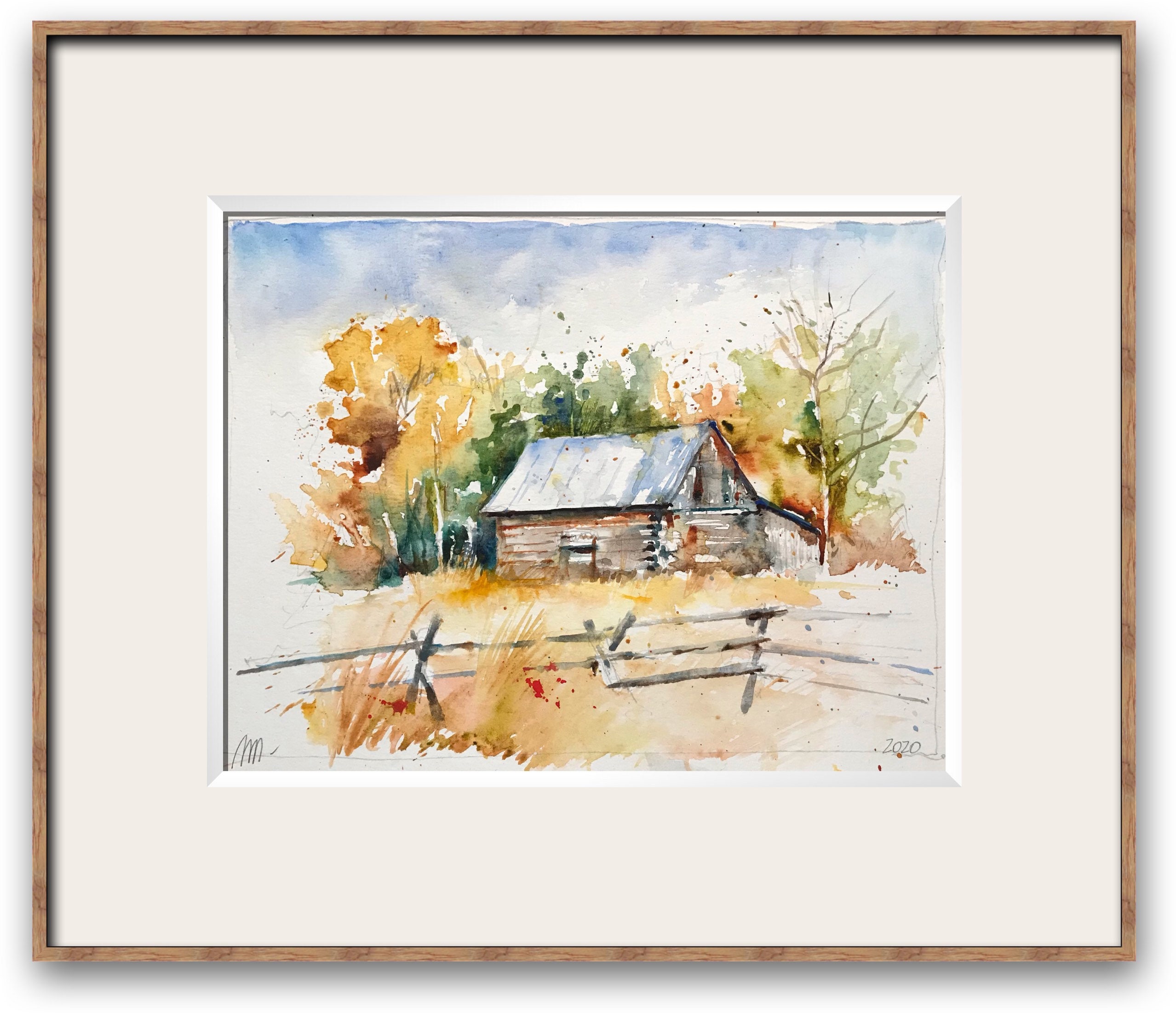 Watercolor Barn Scene Original Fall Farm Landscape Watercolor Painting ...