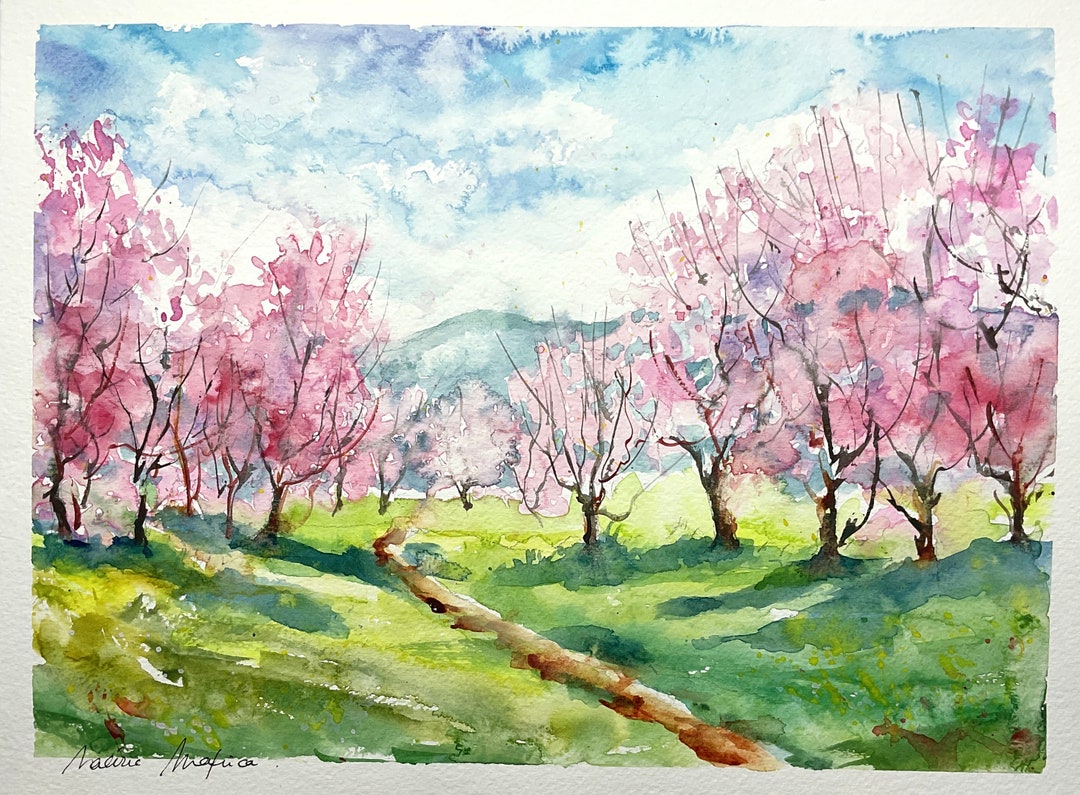Spring Feeling, Original Watercolor Painting of a Spring Scene, Pink ...
