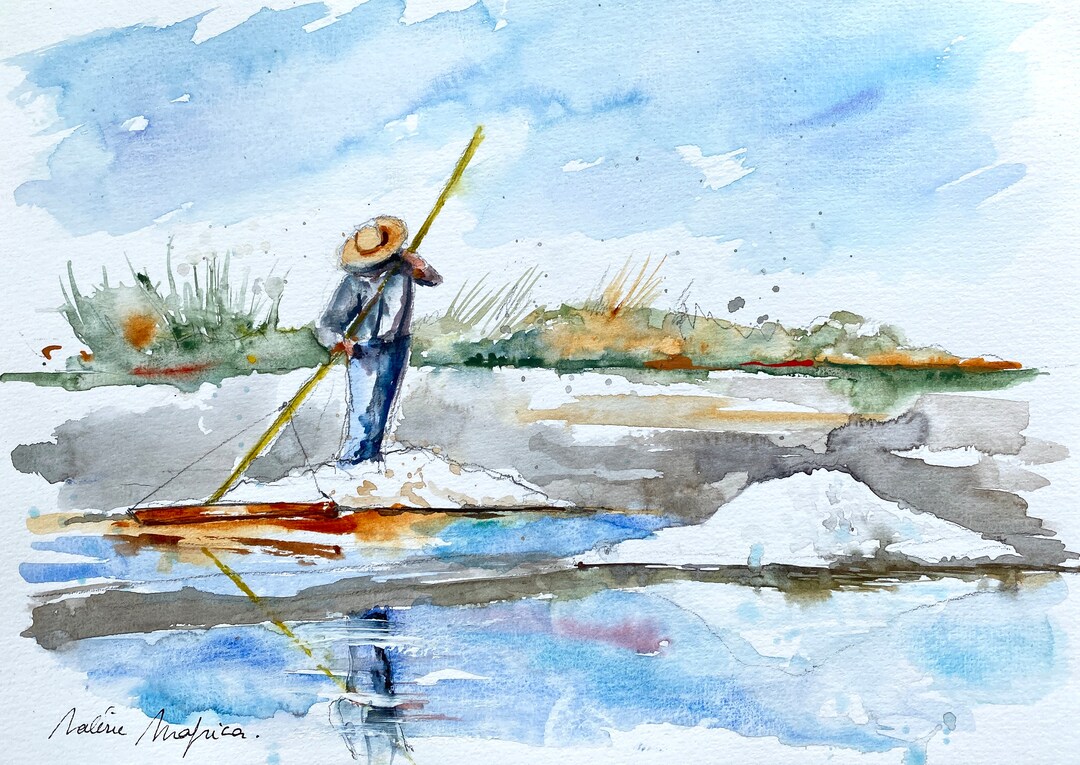 Landscape of Salt Marshes, Original Watercolor of a Salt Worker at Work ...