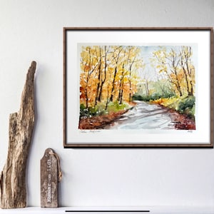Forêt en automne en peinture aquarelle originale, paysage de forêt, tableau de forêt ...