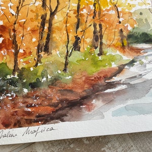 Forêt en automne en peinture aquarelle originale, paysage de forêt, tableau de forêt ...