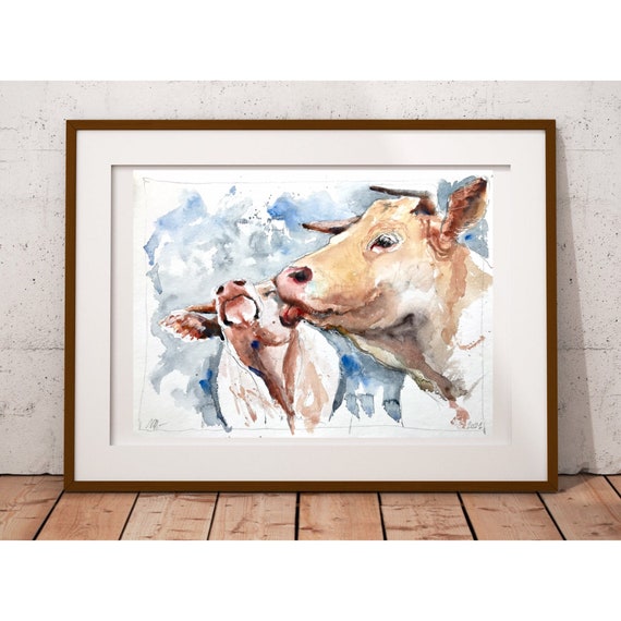 Painting Watercolor original watercolor painting Portrait of a red cow ...
