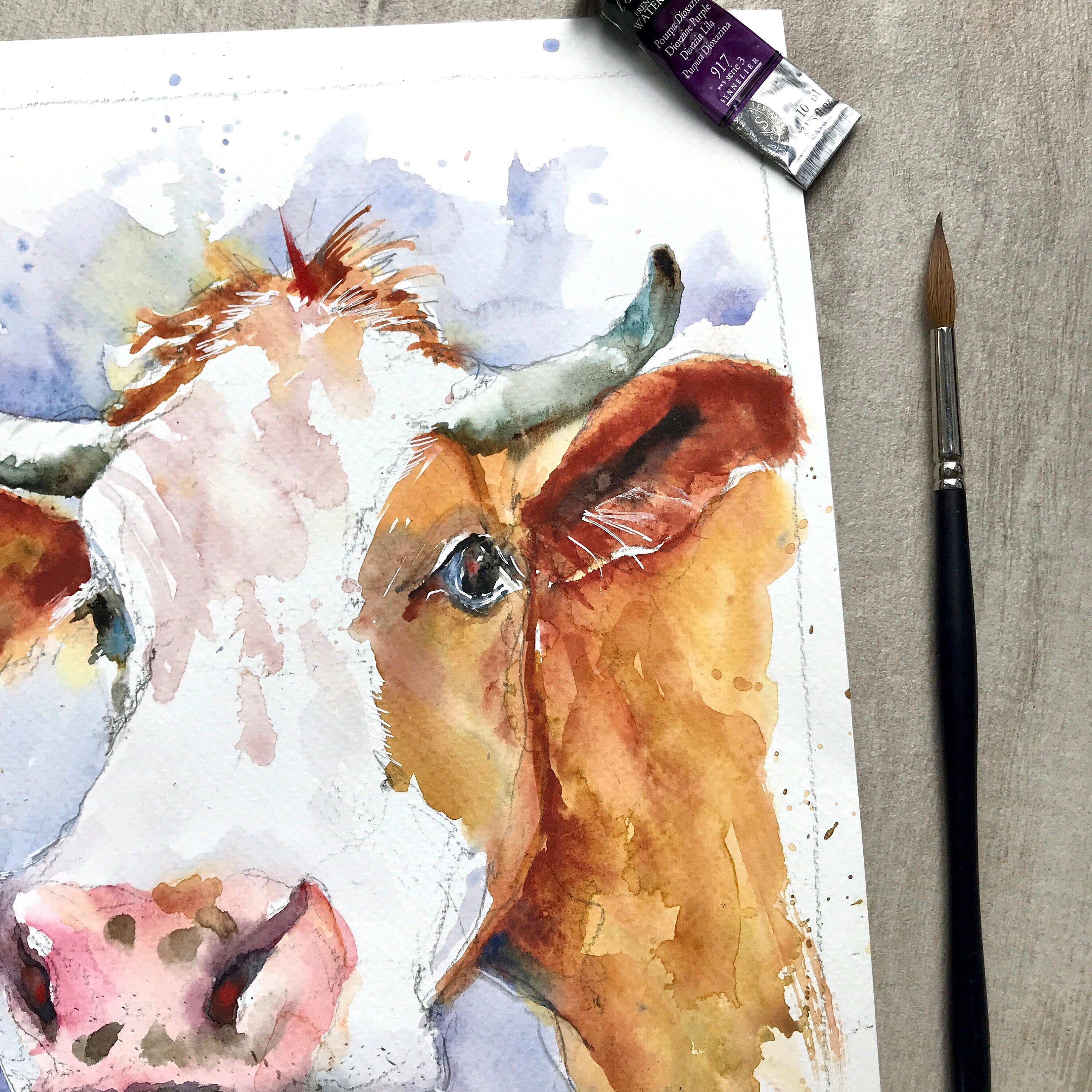 Painting Watercolor original watercolor painting Portrait of a red cow ...
