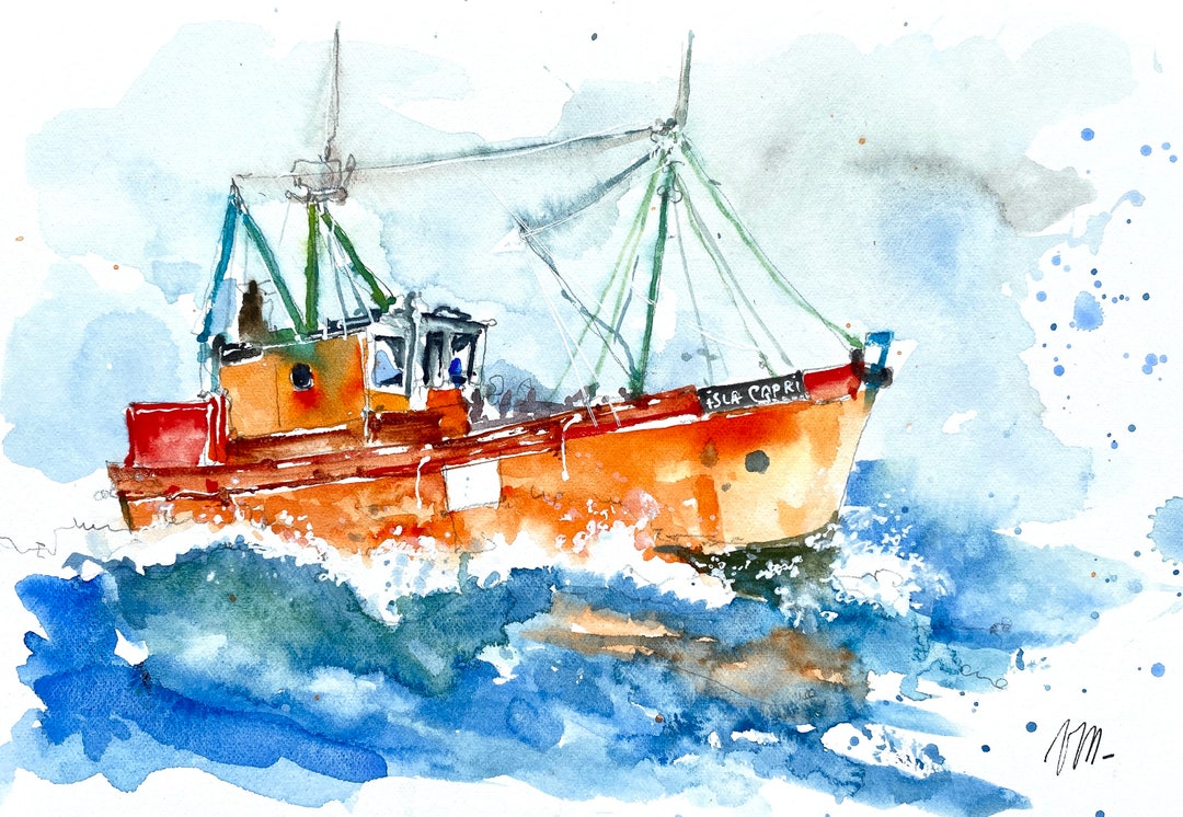 Painting of a Colorful Fishing Boat in the Open Sea, Original ...