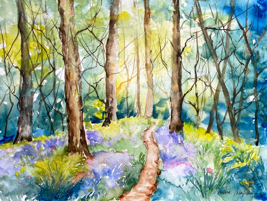 Spring Forest Landscape in Watercolor, Original Painting of Bright ...