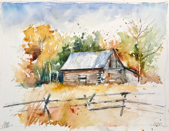Watercolor Barn Scene Original Fall Farm Landscape Watercolor Painting ...