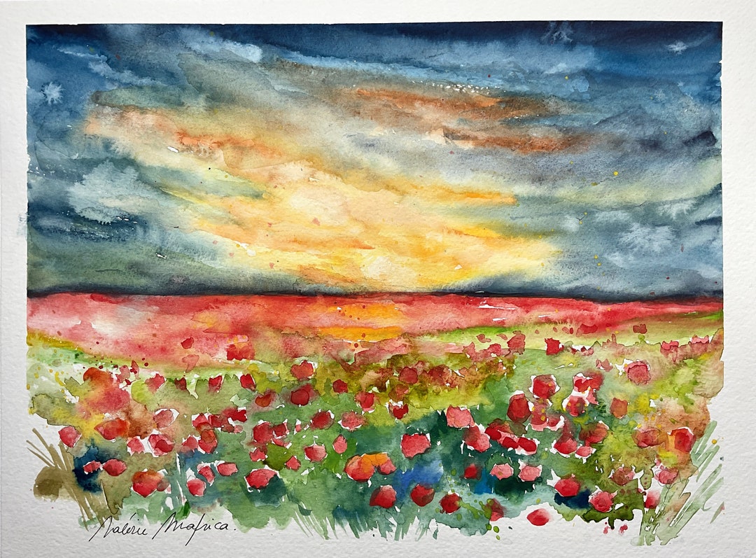 Poppy Meadow Landscape, Watercolor Poppy Fields, Original Red Flowers ...