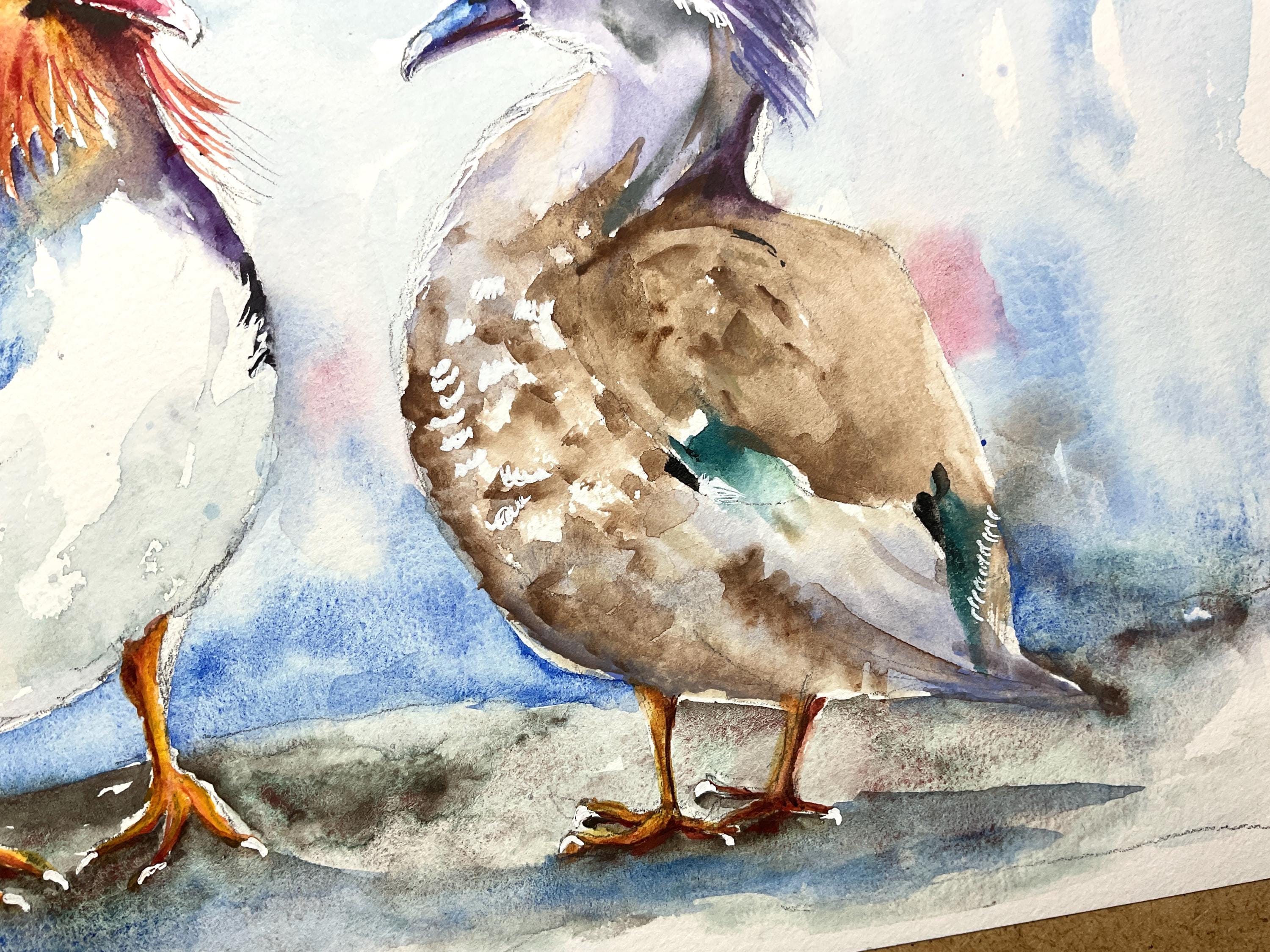 Original Painting of a Couple of Mandarin Ducks, Authentic Watercolor ...