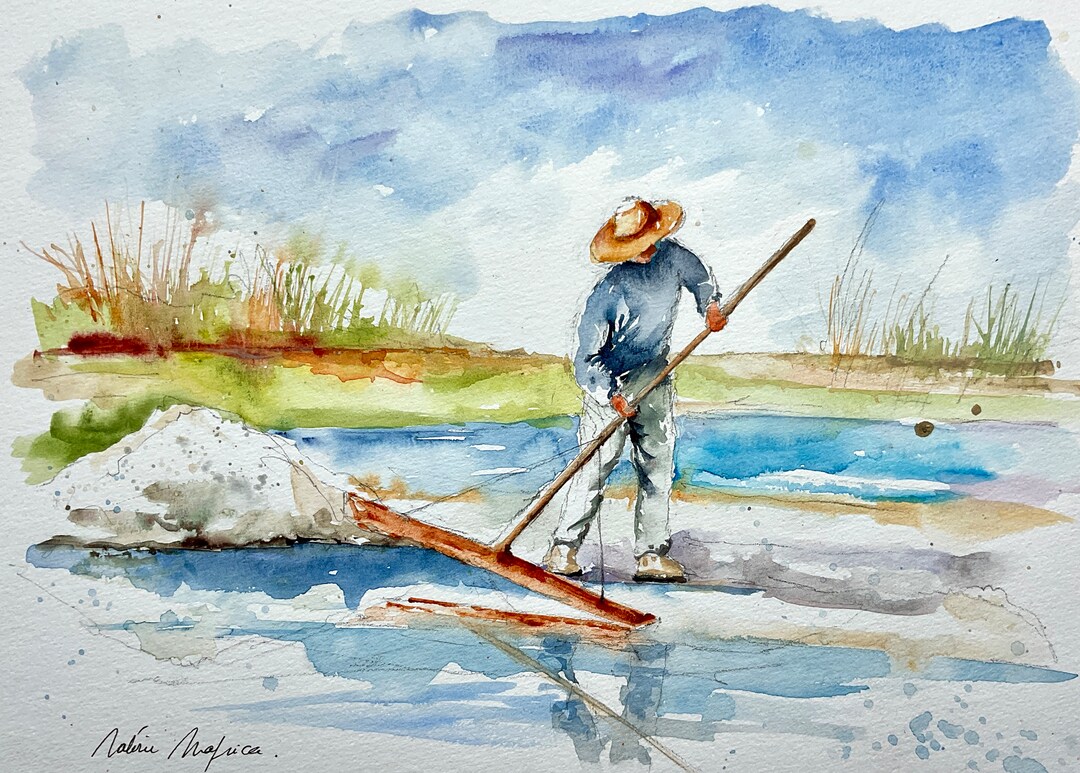 Landscape of Salt Marshes, Original Watercolor of a Salt Worker at Work ...
