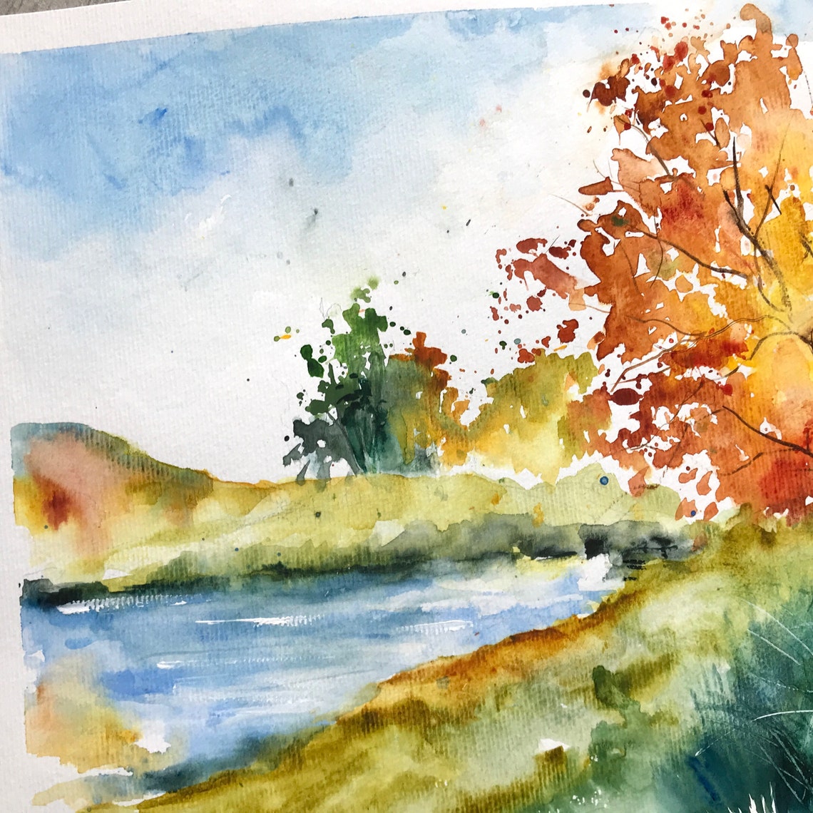 Étang en automne peinture aquarelle originale paysage de | Etsy