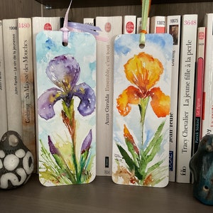 Set of 2 Iris Bookmarks in Original Watercolor Painting, Duo of Floral ...