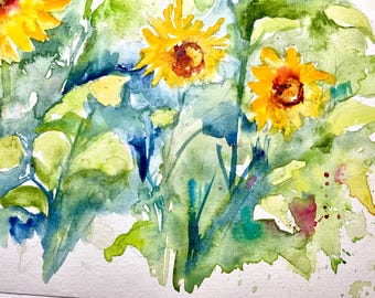 ひまわり畑の水彩画、ひまわりの花の原画、田舎の夏の花畑、典型 ひまわり畑の水彩画、ひまわりの花の原画、田舎の夏の花畑、典型