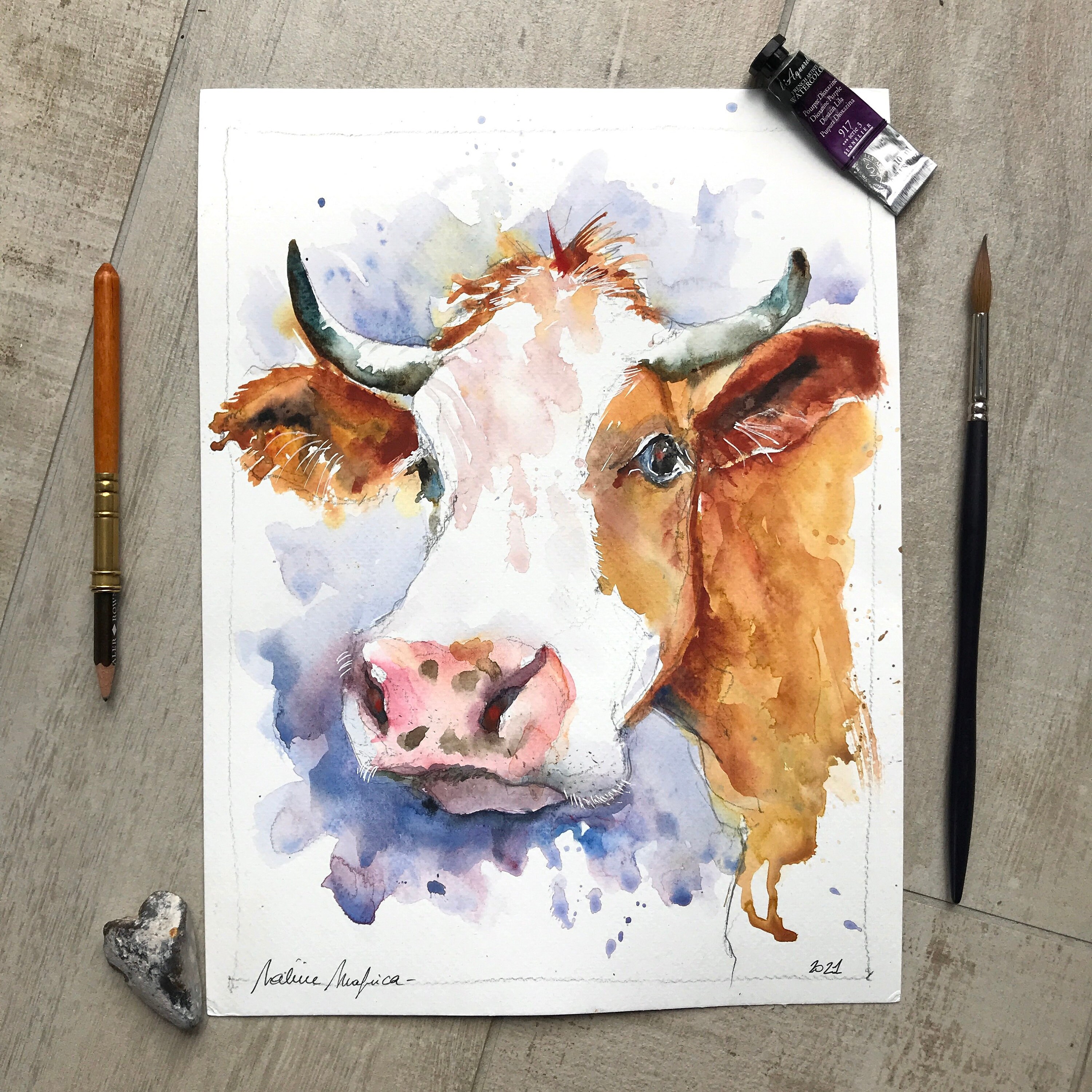 Painting Watercolor original watercolor painting Portrait of a red cow ...