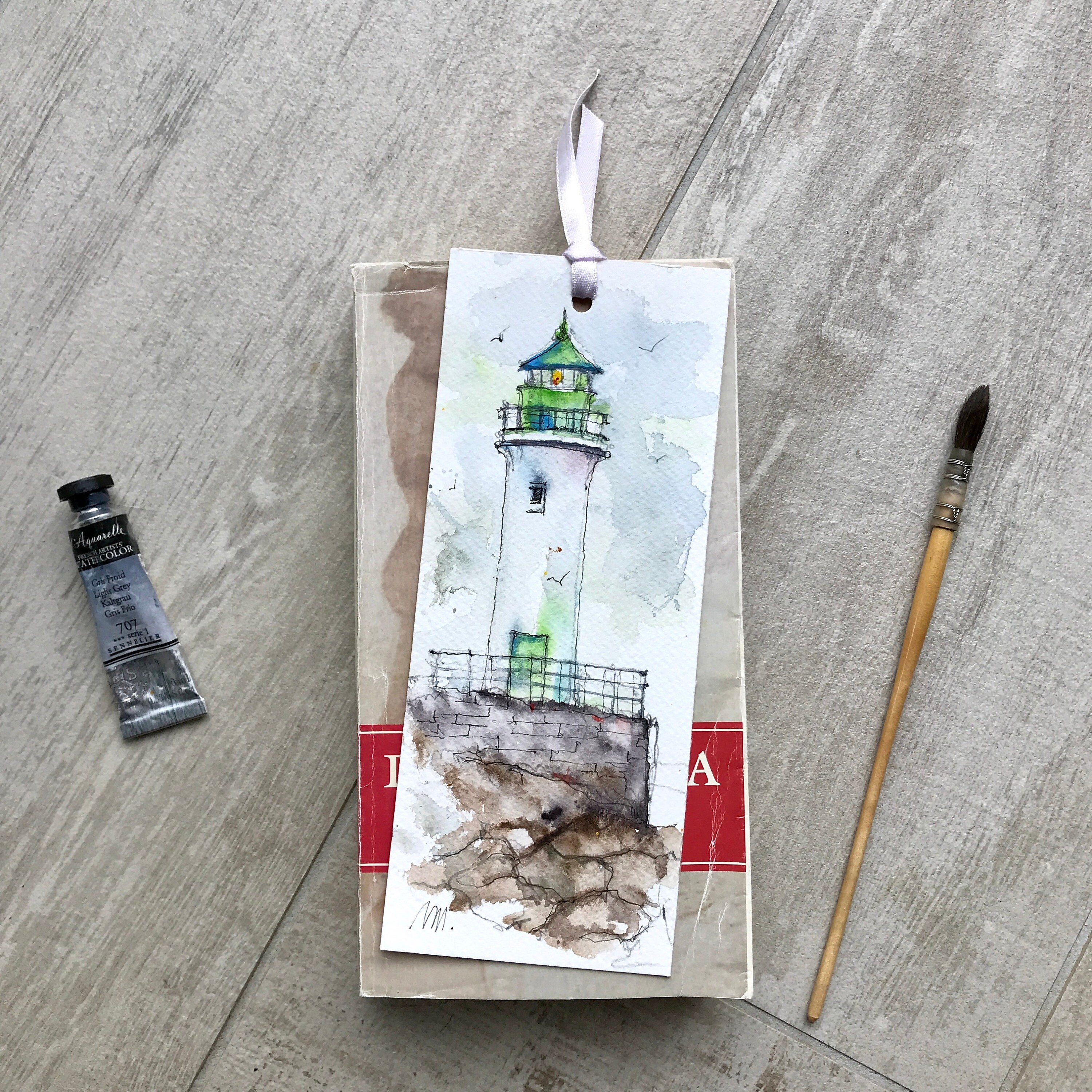 Lighthouse bookmark in watercolor original painting of marine | Etsy