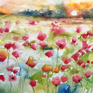 Poppy Meadow Landscape, Watercolor Poppy Fields, Original Red Flowers ...