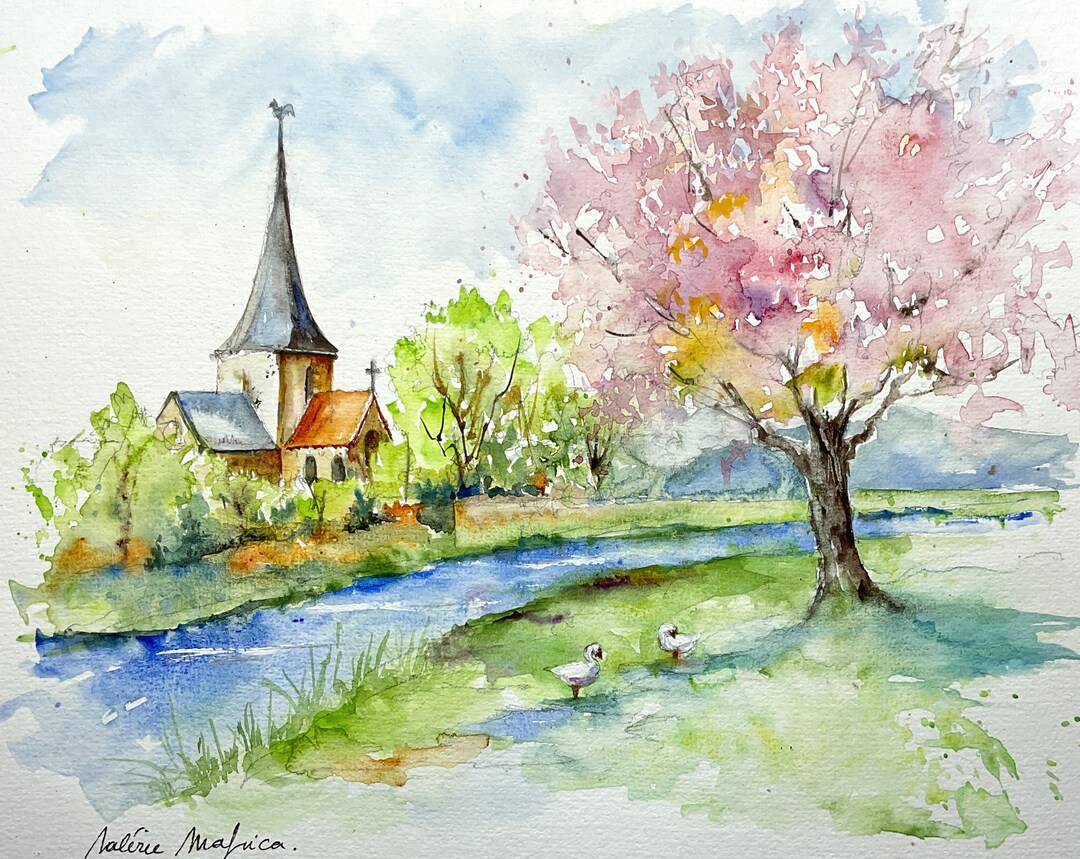 Spring Feeling, Original Watercolor Painting of a Spring Countryside ...