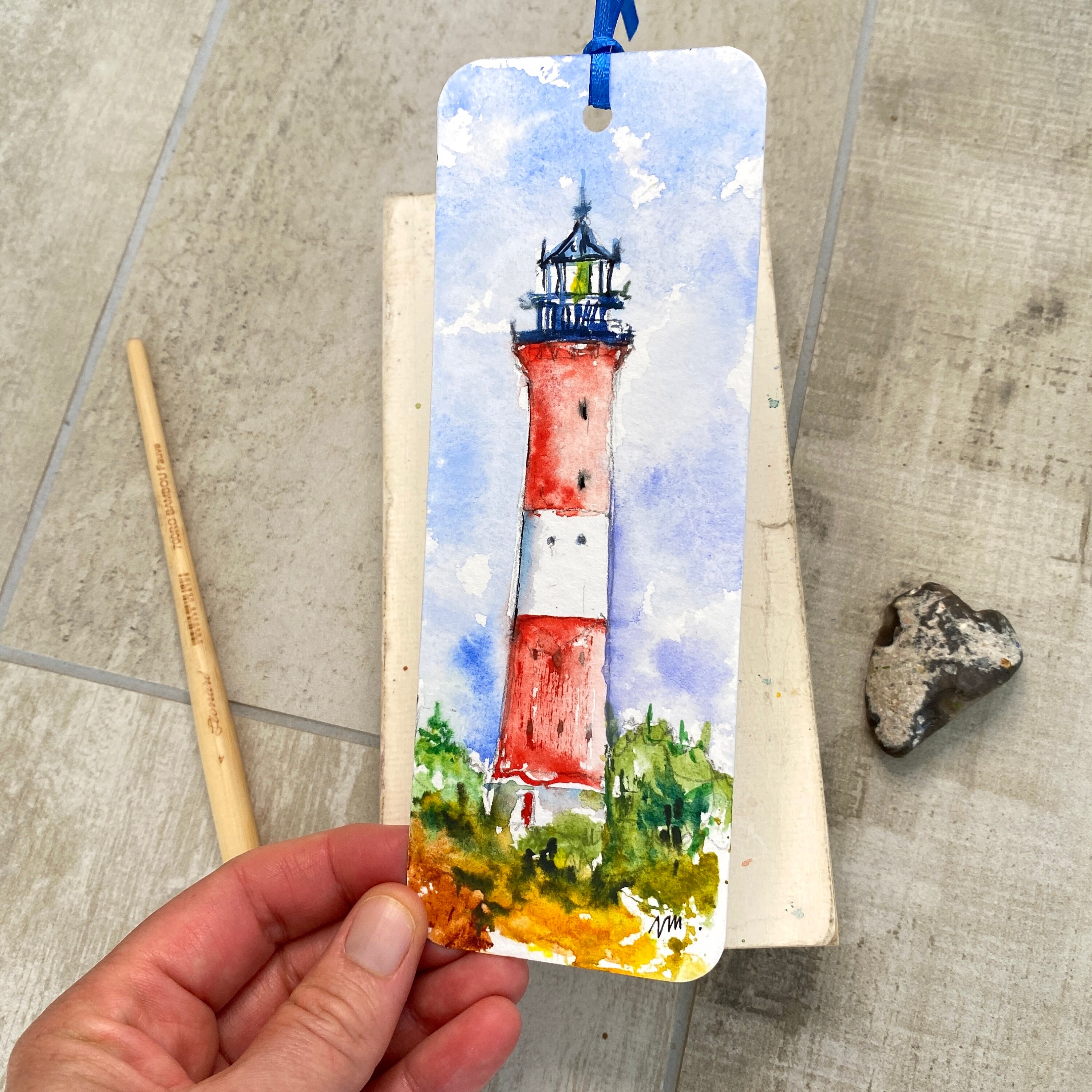 Red and White Watercolor Lighthouse Bookmark, Original Marine ...