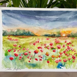 Poppy Meadow Landscape, Watercolor Poppy Fields, Original Red Flowers ...