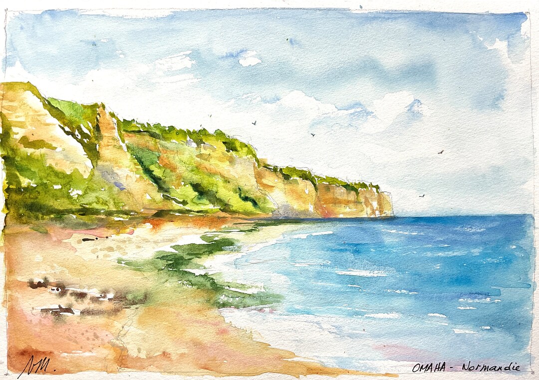 Omaha Beach in Original Watercolor Painting, Landing Beach Maritime ...