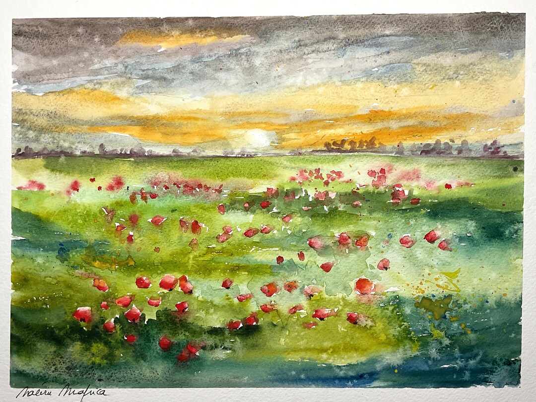 Poppy Meadow Landscape, Watercolor Poppy Fields, Original Red Flowers ...