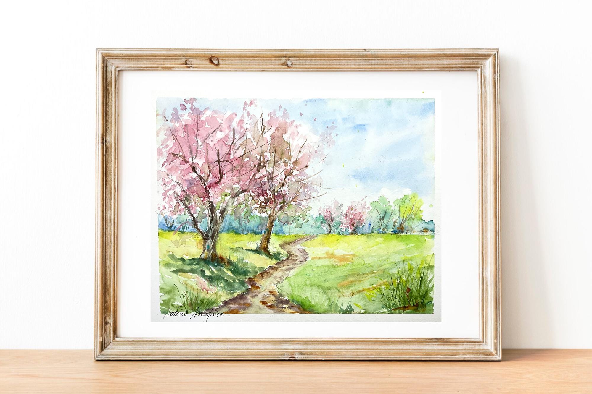 Watercolor of Pink Blossoming Apple Trees, Nature Landscape in Spring ...