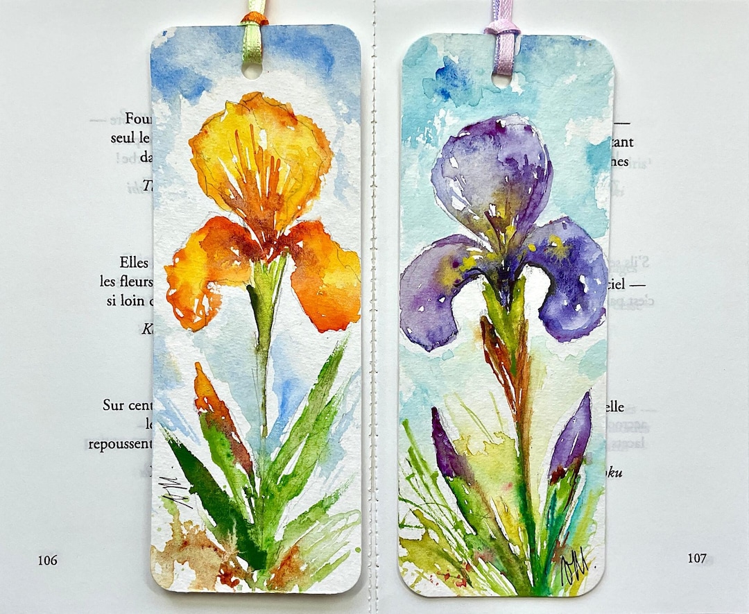 Set of 2 Iris Bookmarks in Original Watercolor Painting, Duo of Floral ...
