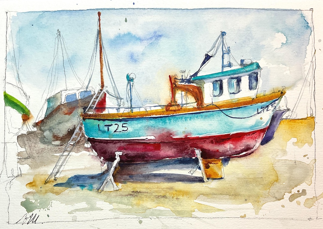 Painting of a Colorful Fishing Boat, Original Watercolor of a Fisherman ...