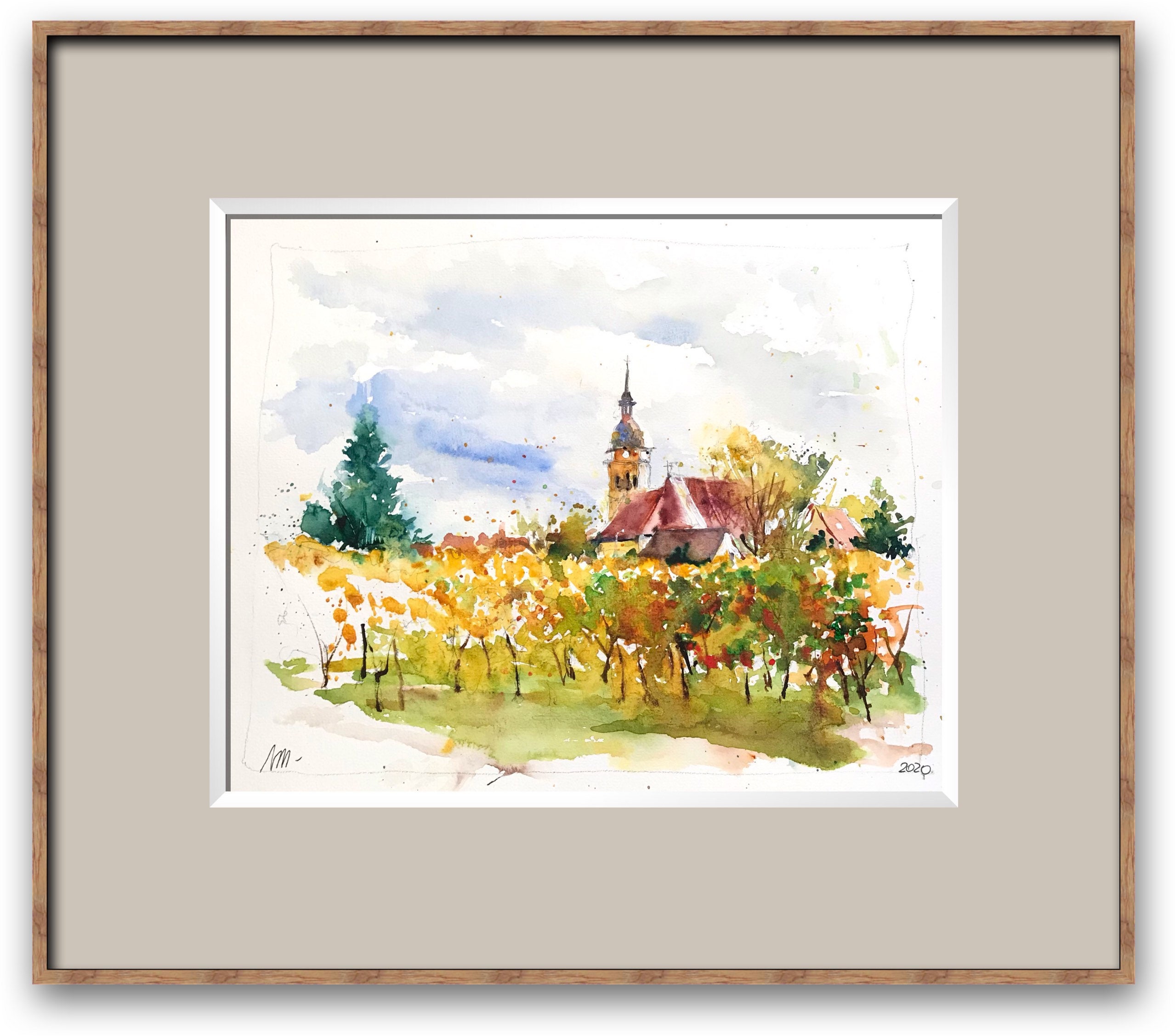 Village watercolor in Alsace original painting of vines on | Etsy