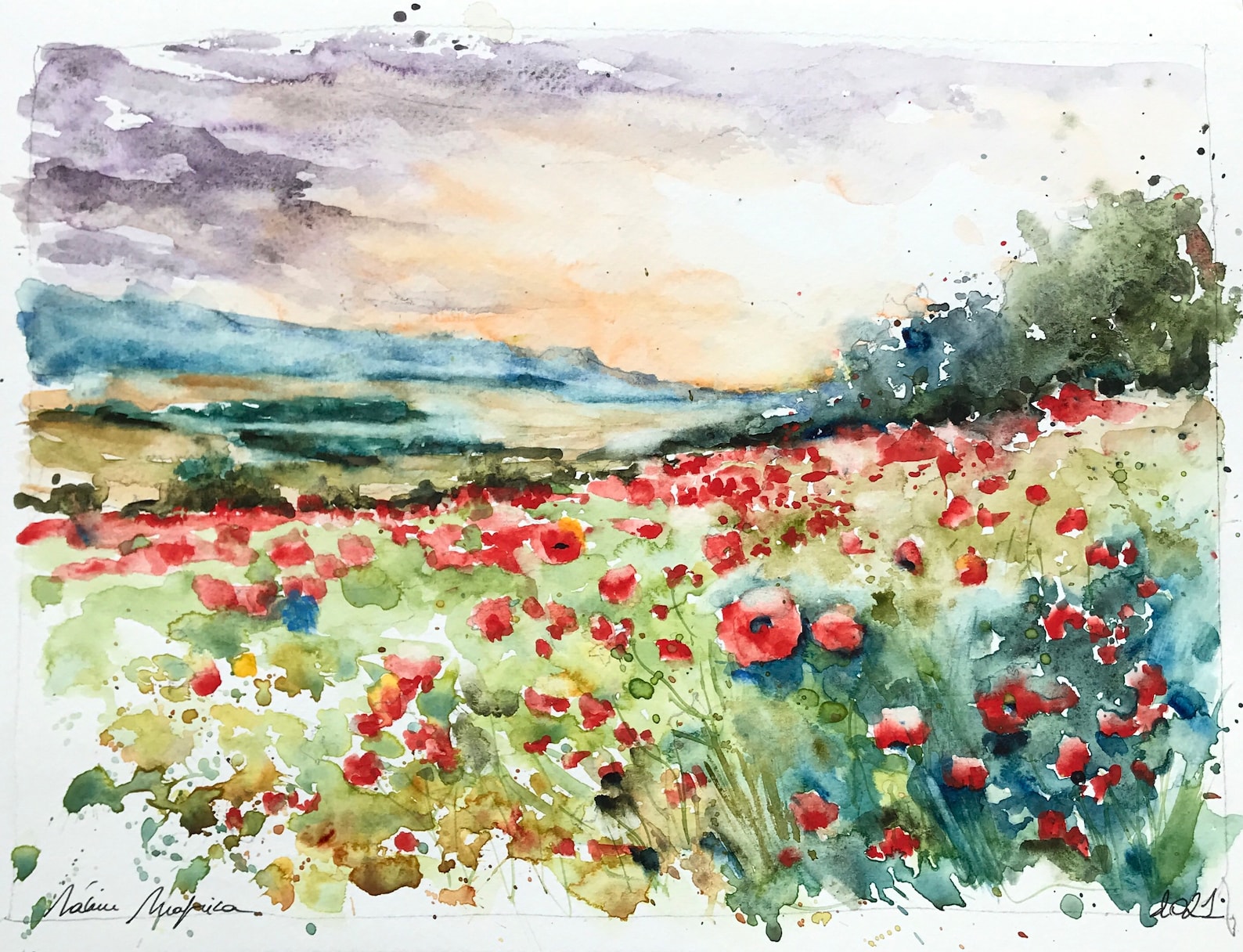 Poppy meadow landscape watercolor poppy fields original red | Etsy